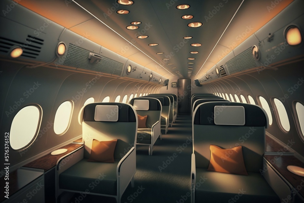 Airplane passenger cabin interior. Generative AI Stock Illustration ...
