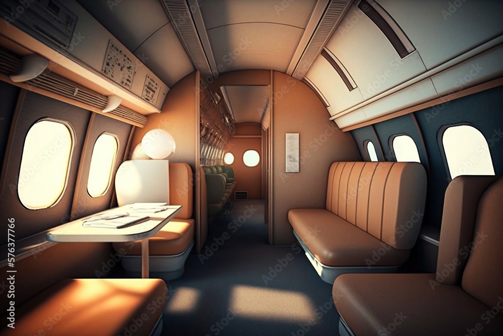 Airplane passenger cabin interior. Generative AI Stock Illustration ...