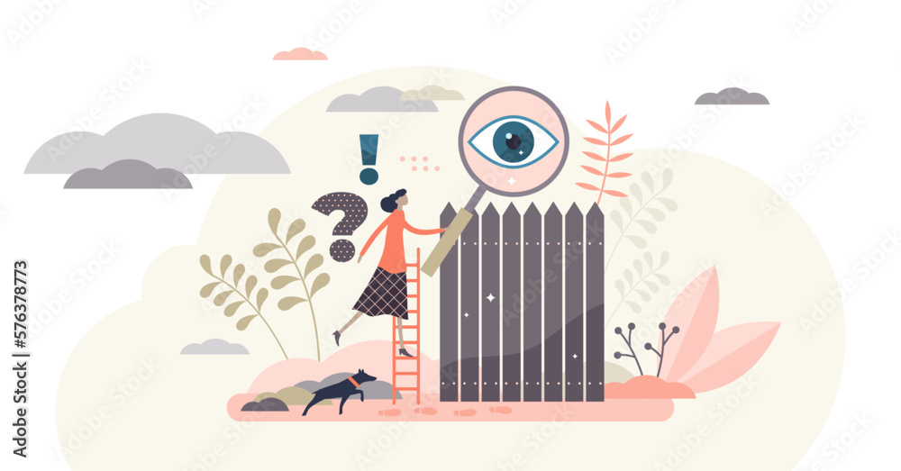 Curiosity concept illustration, transparent background. Flat tiny woman ...