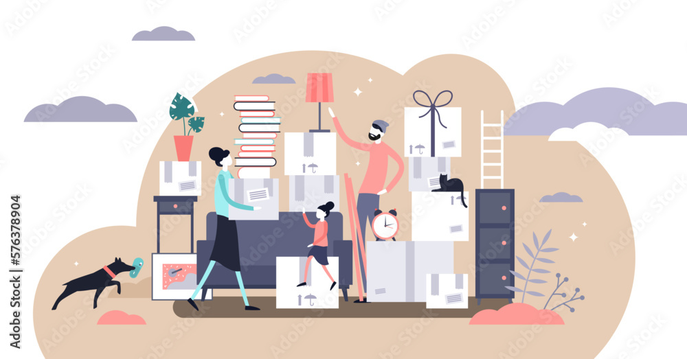 Family moving illustration, transparent background.New home arrangement ...