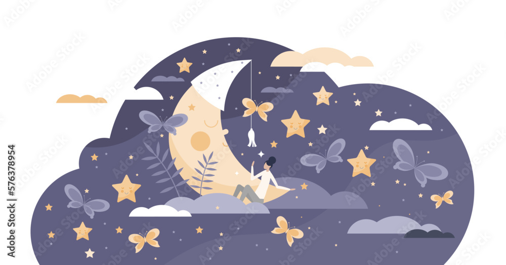 Good sleep scene with cute moon and female in sweet dreams fantasy tiny ...