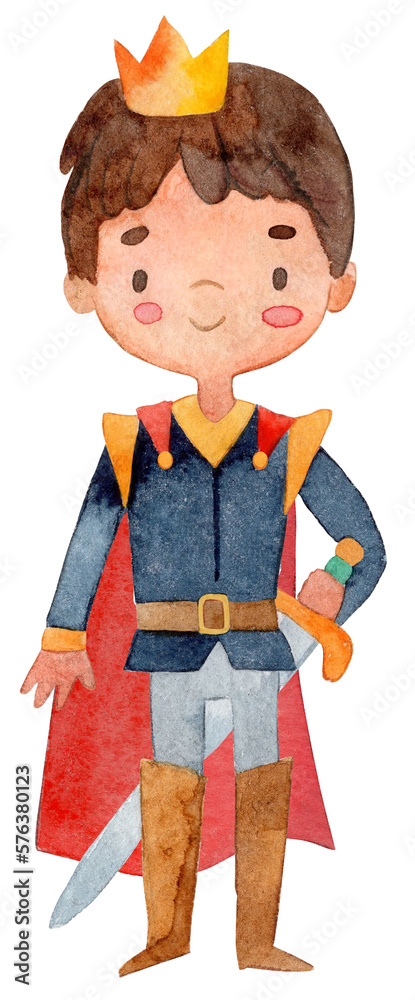 Watercolor illustration of a cute little boy wearing a crown with a ...