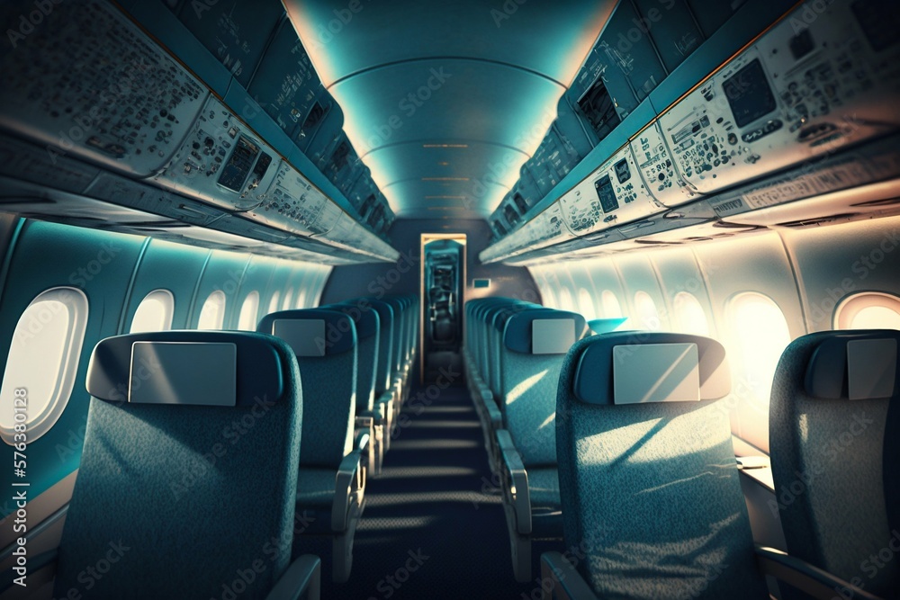 Airplane passenger cabin interior. Generative AI Stock Illustration ...