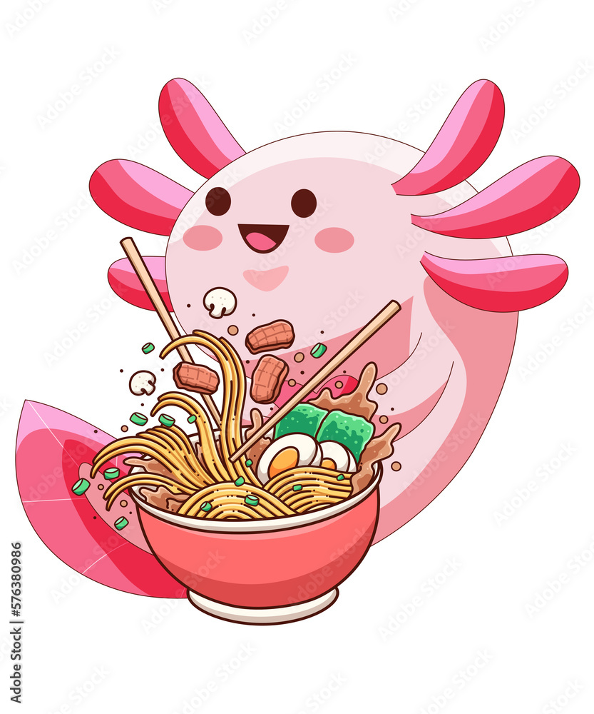 Axolotl Eating Ramen Noodles Kawaii Cute Funny Background and ...