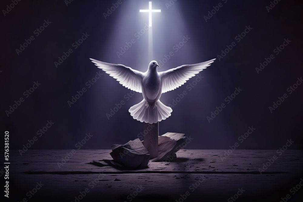 Pentecost Sunday. Pentecost background with flying dove and catholic cross in the background ...