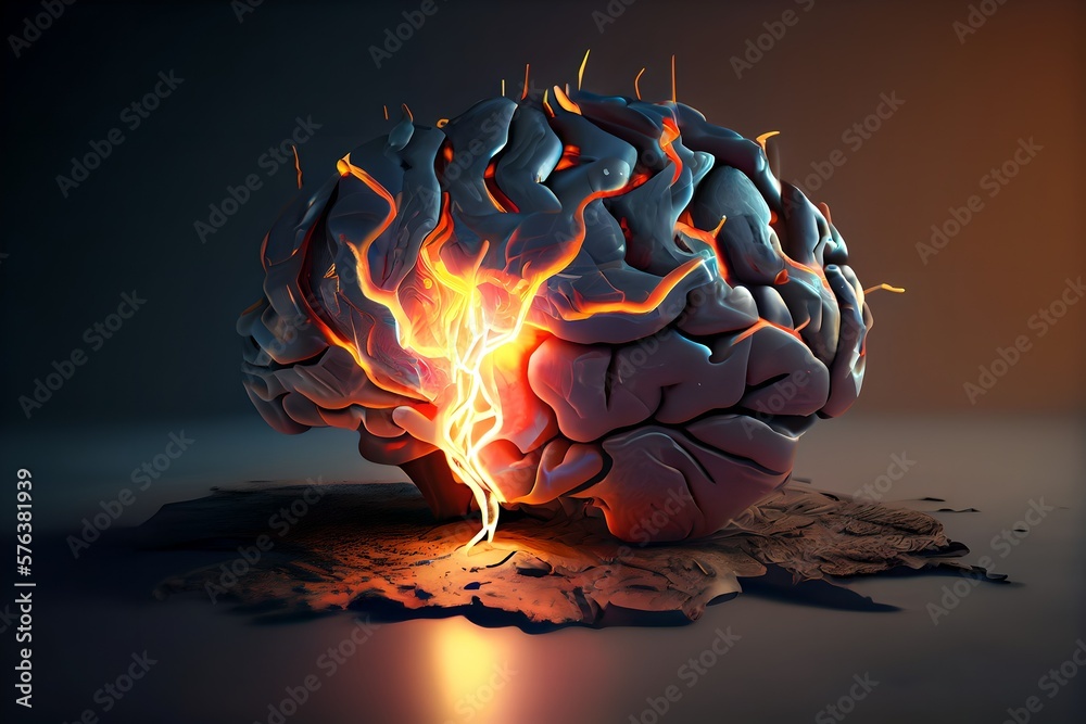 The human brain in a modern aura style, from below an open book from ...