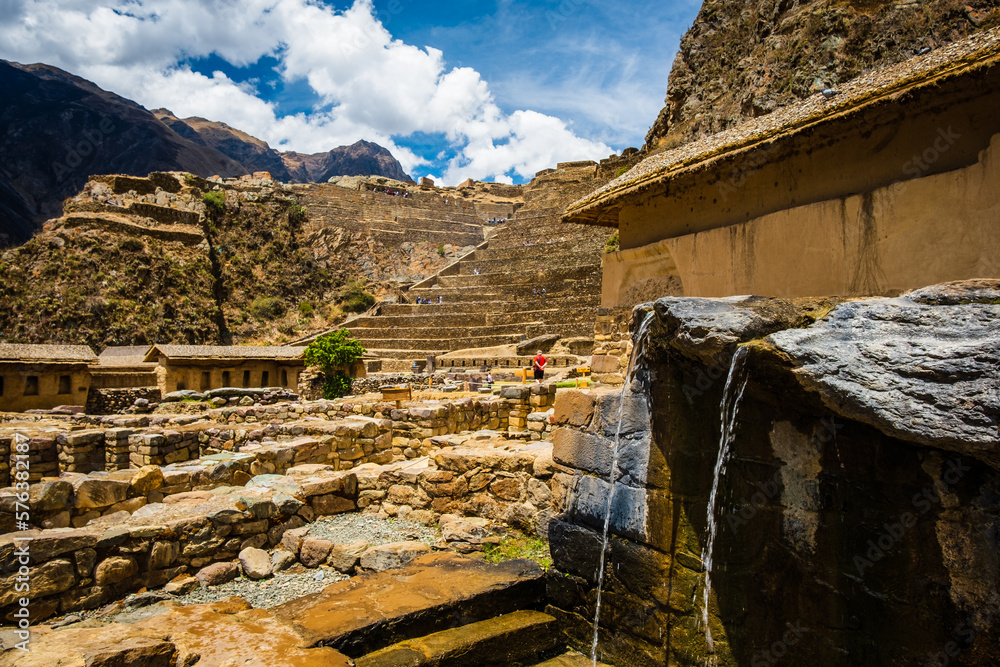 Ollantaytambo unique ancient Peruvian Inca terraced ruins aerial view ...
