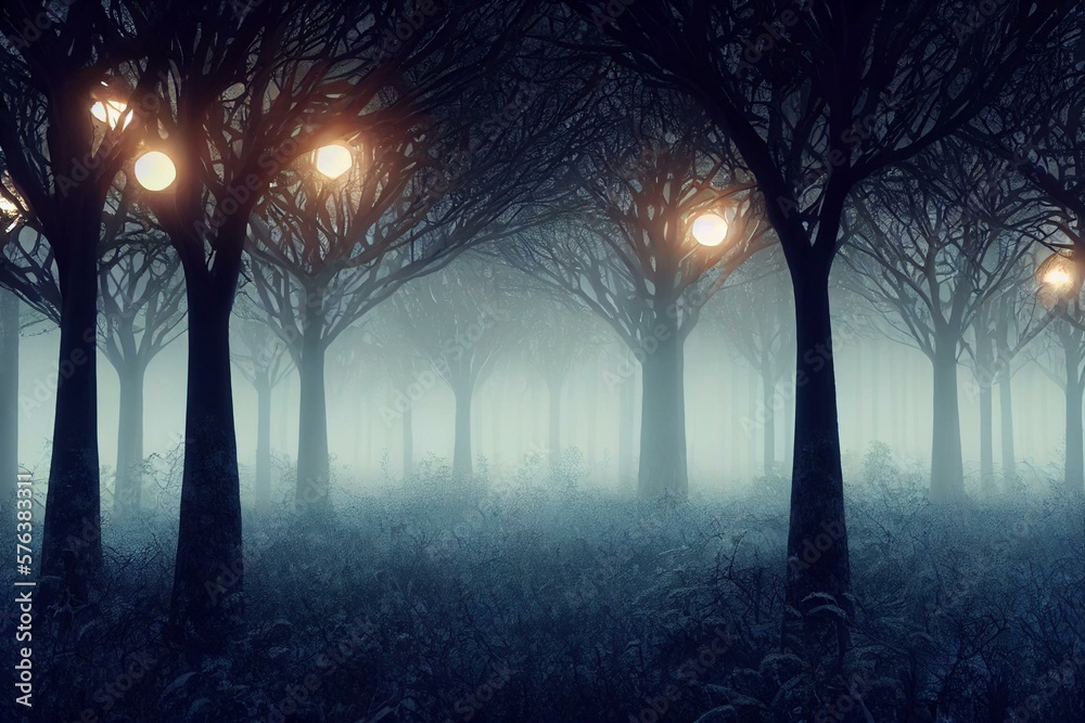 Dark tree silhuettes in enchanted forest at night, fog and mysterious ...