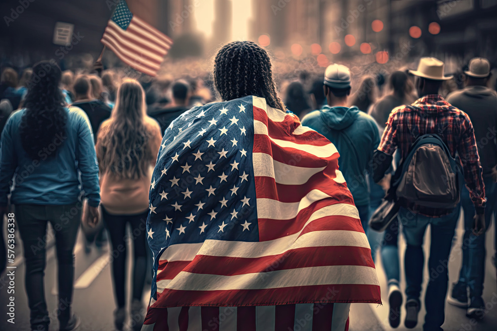 Crowd of people with American flag back view, rally and protest on city ...