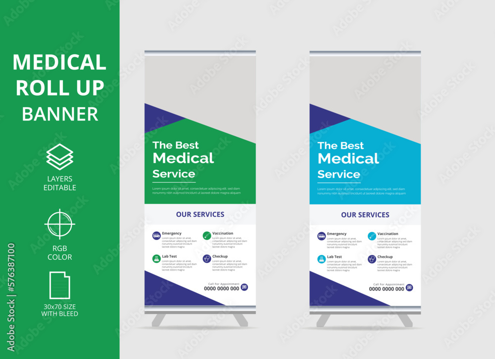 medical and flat icons roll-up design, standee, and banner template ...