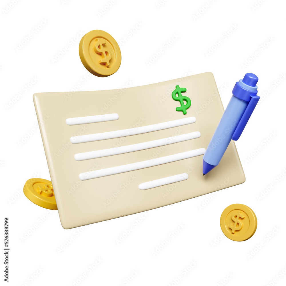 3D bank cheque and money coin with pen, banking payment receipt. PNG ...