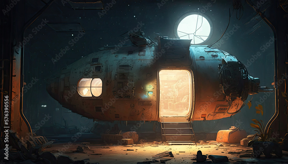 An abandoned and derelict space station, with flickering lights and ...
