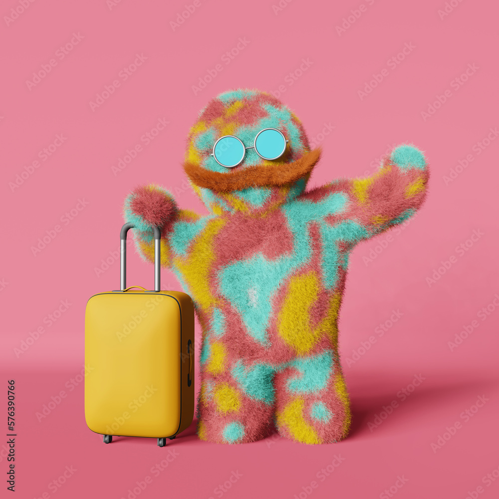 Rainbow Yeti with mustache yellow suitcase pink background 3d rendering ...