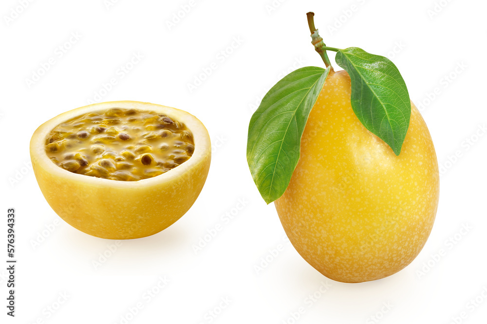 maracujá inteiro com folha e maracujá cortado com polpa - maracujás ...