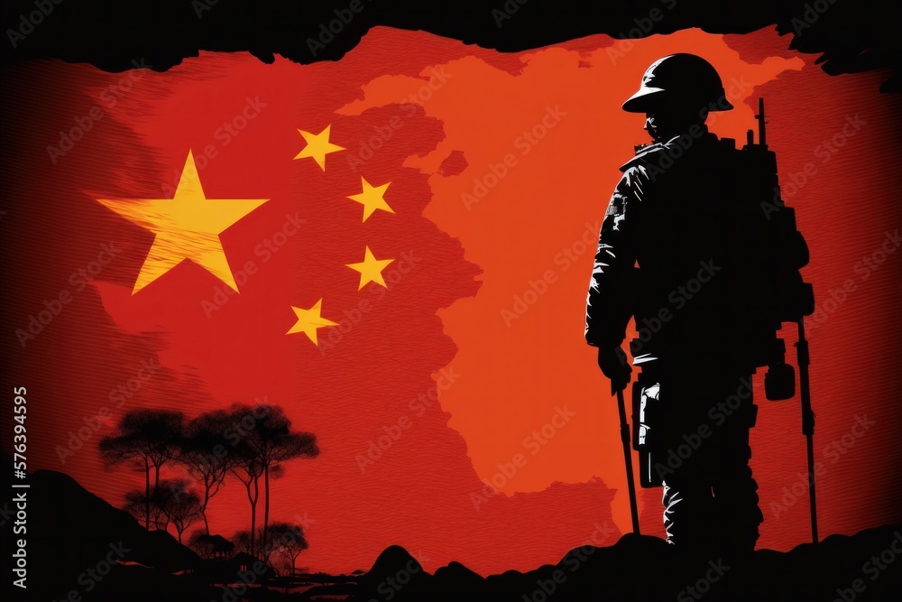 Illustration of a silhouette of an Chinese soldiers and Chinese flag ...