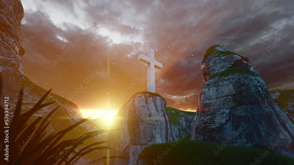 Christian cross in the glow of the sun, mountain landscape above the ...