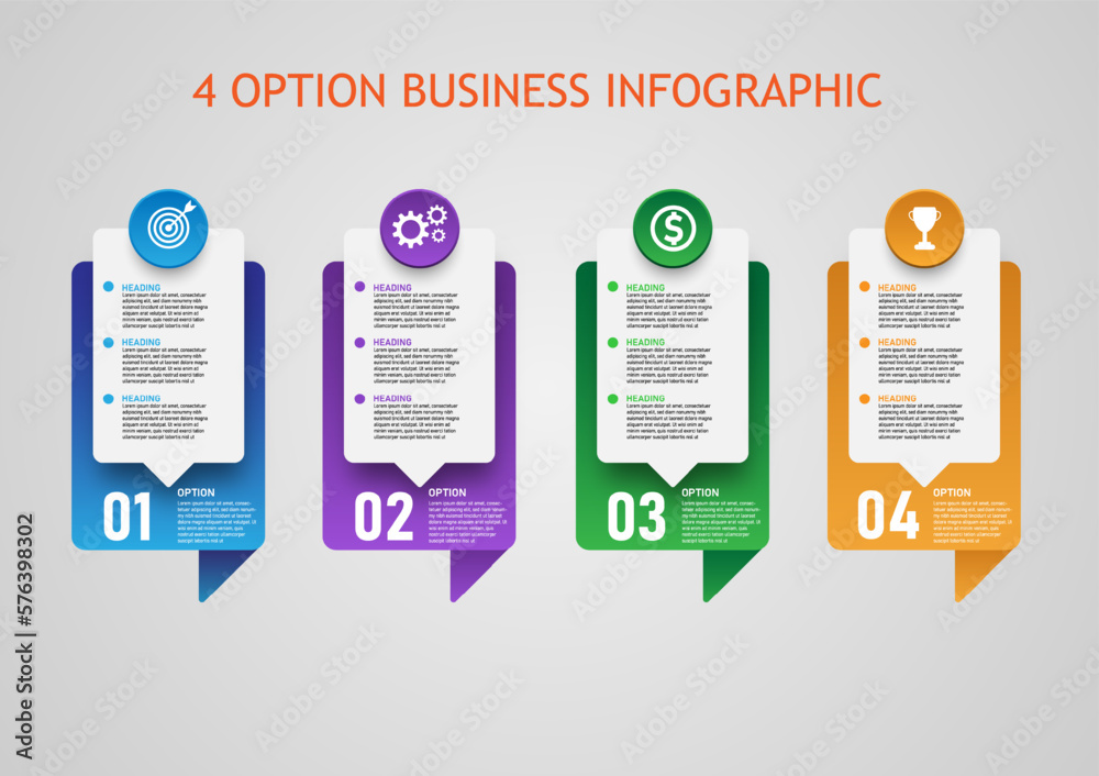4 infographic options multi colored vertical squares circle and icon ...