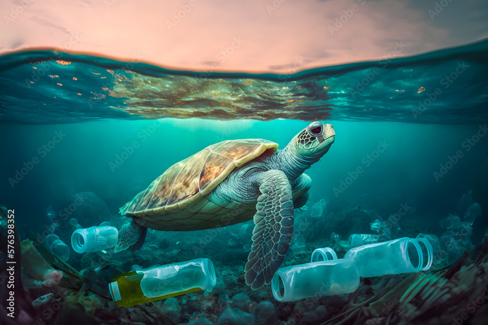 Sea turtle swims in a tropical ocean with plastic bottles and bags ...
