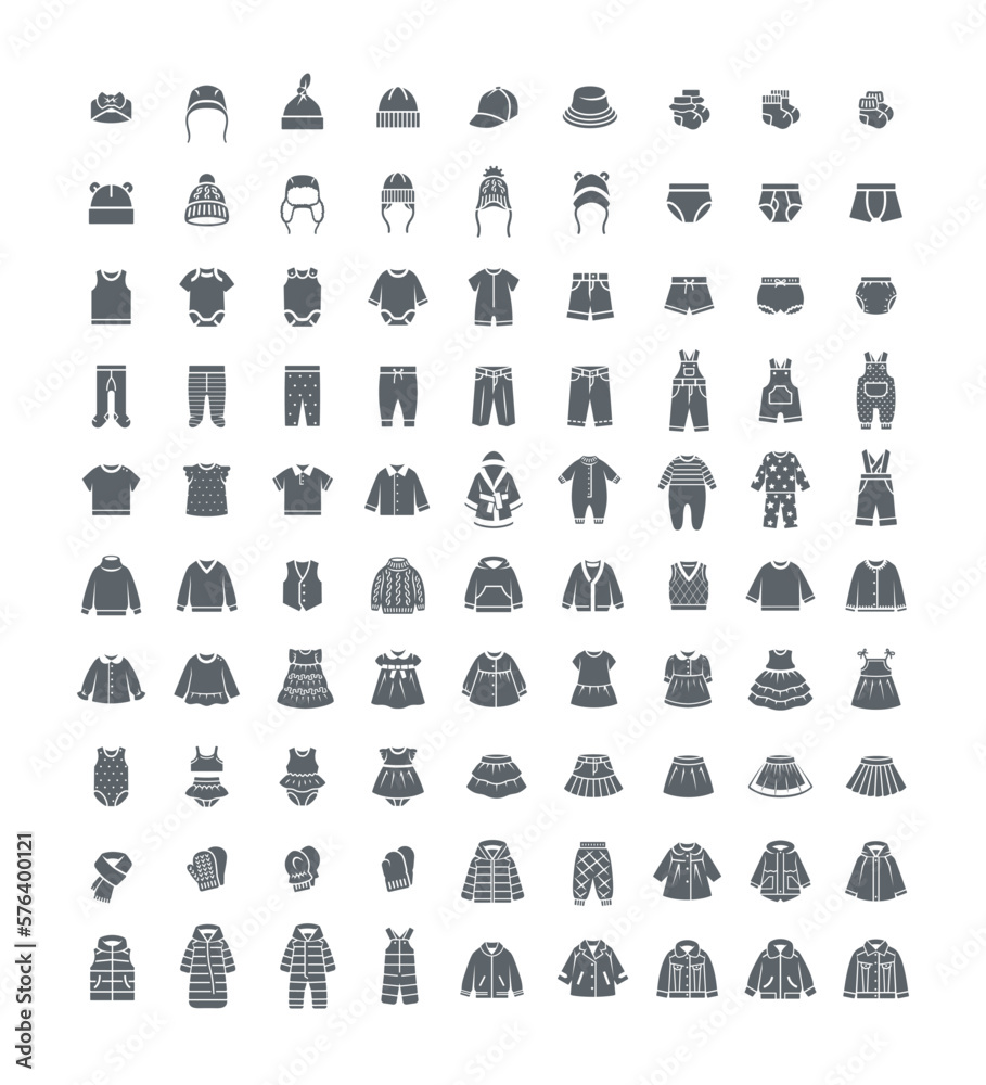 Baby clothes silhouette icons. Simple solid pictograms for kids ...