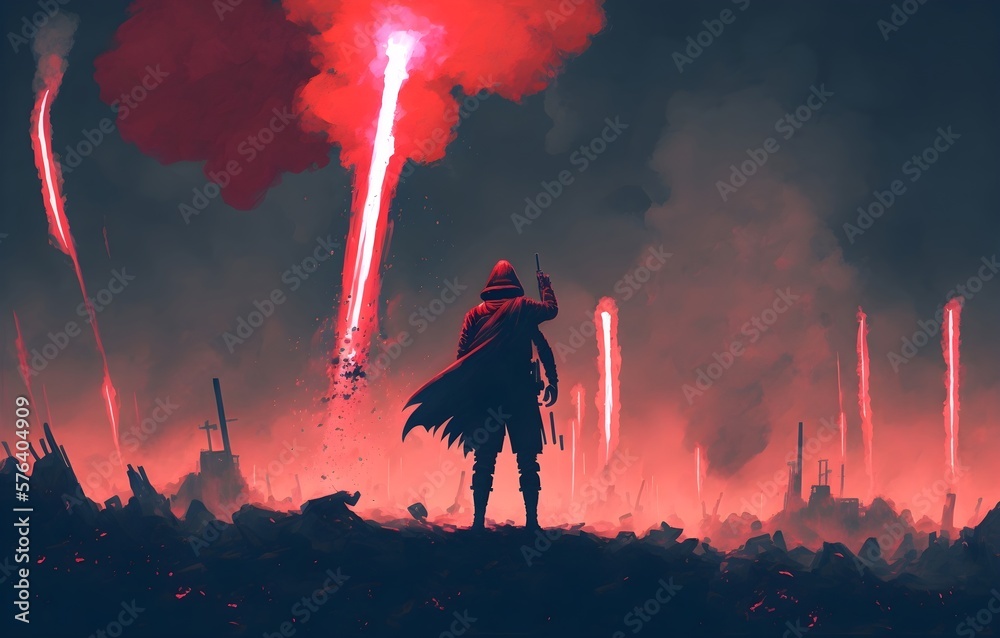 man holds a red smoke flare up in the air and standing against the ...