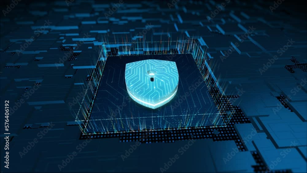 Motion graphic of 3D blue security Shield logo and particles with circuit board and 3d abstract ...