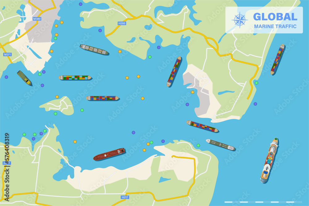 Global marine traffic. Top view of cargo ships navigation live map ...