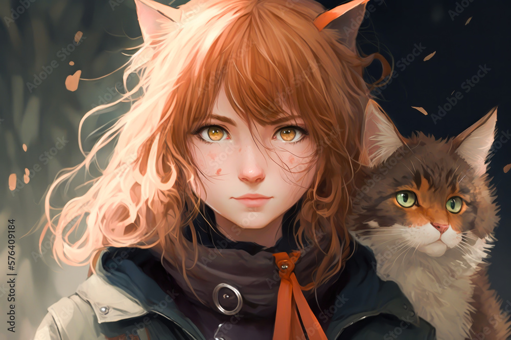 Anime girl with cat ears and her cat. Redhead neko girl with her cat in ...