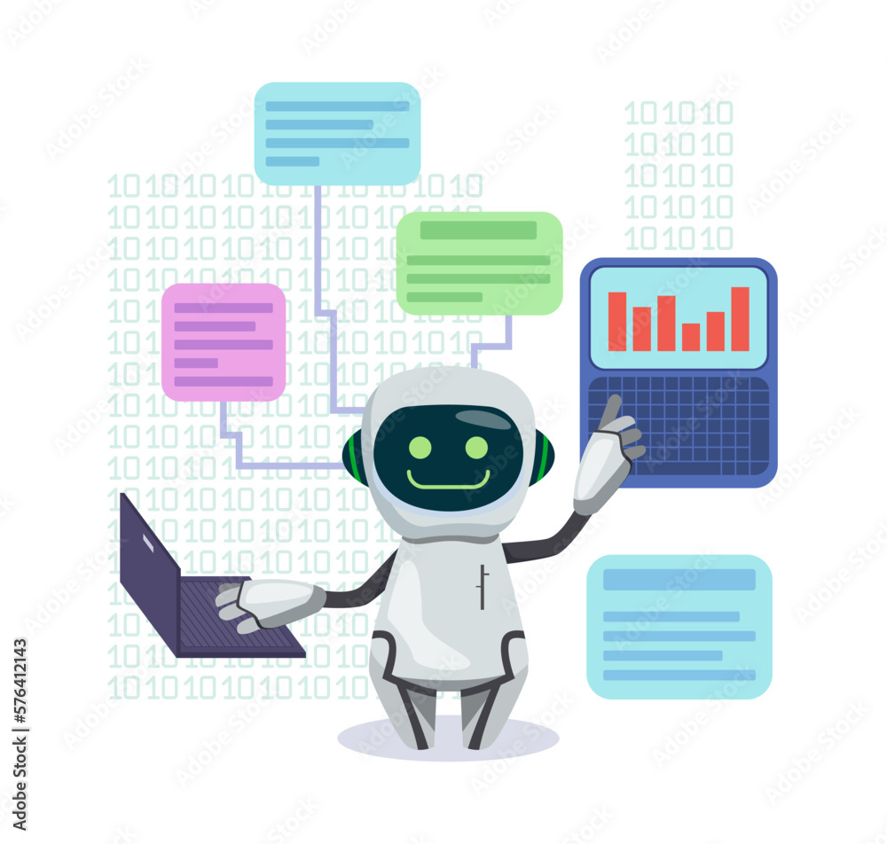 Cute robot typing on computer vector illustration. Artificial intelligence producing texts with ...