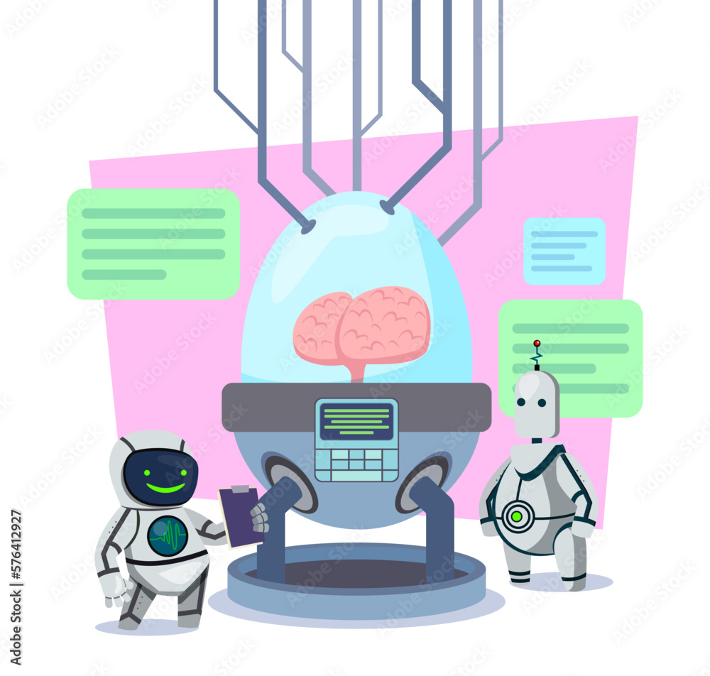 Robots creating artificial intelligence vector illustration. Human ...
