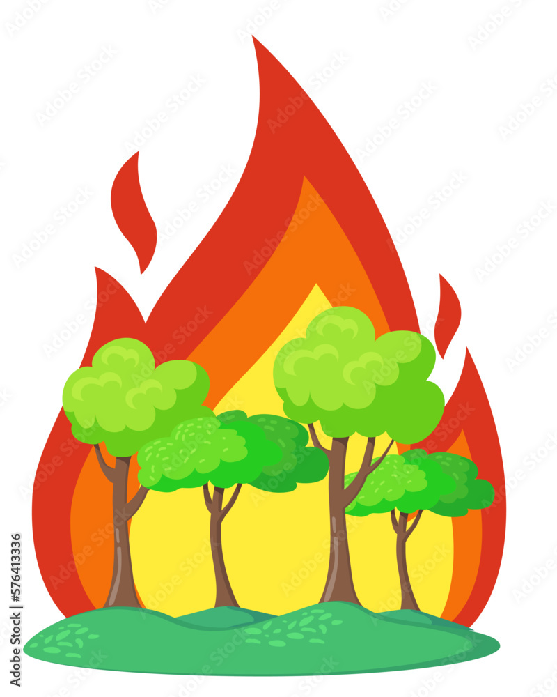 Green trees and huge orange flame vector illustration. Cartoon drawing ...