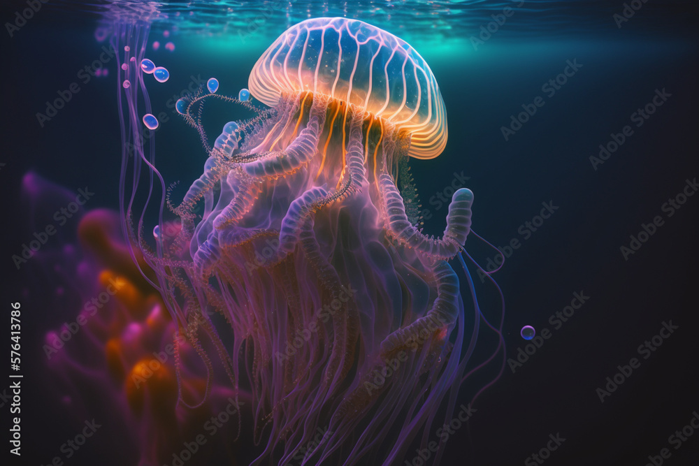 Exotic jellyfish deep in neon light under the water. Created with ...