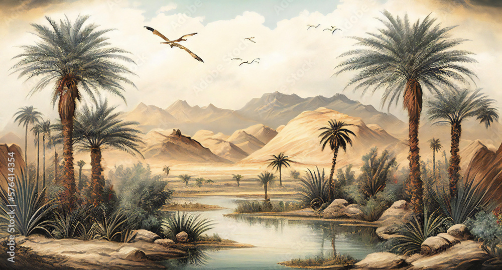 Wallpaper of a desert oasis with river, valleys, desert birds and palm ...