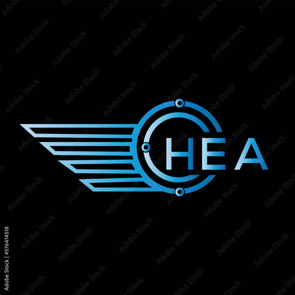 HEA letter logo. HEA blue vector image on black background. HEA ...