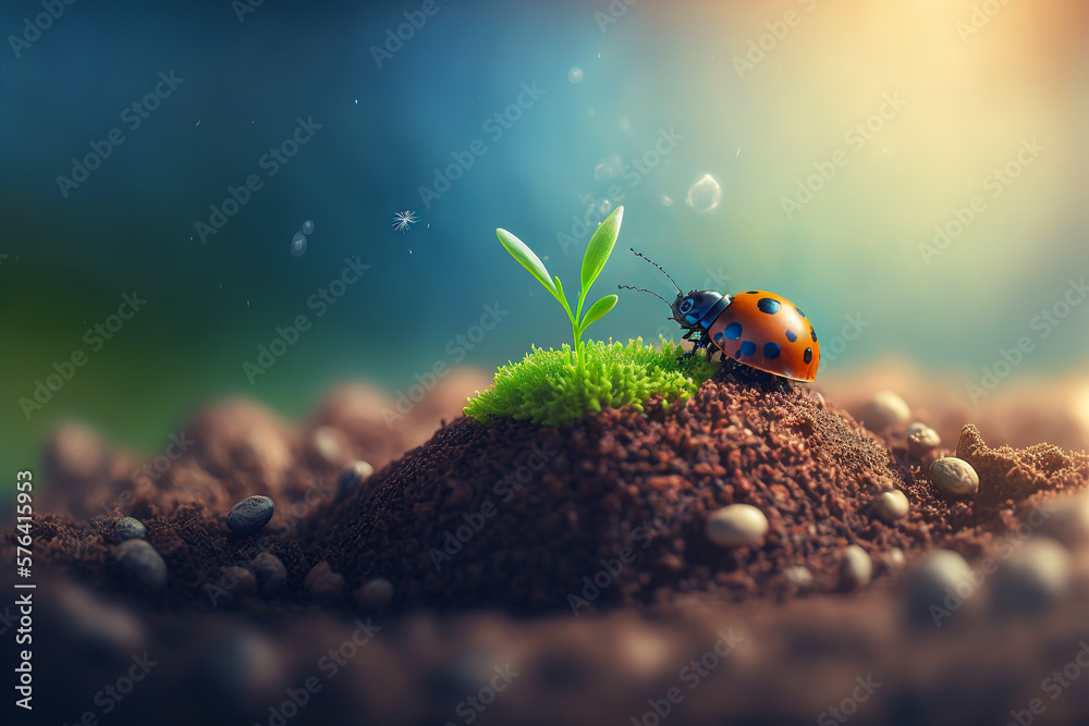 A ladybug walks on the wet ground and climbs a small leafy branch. A ...