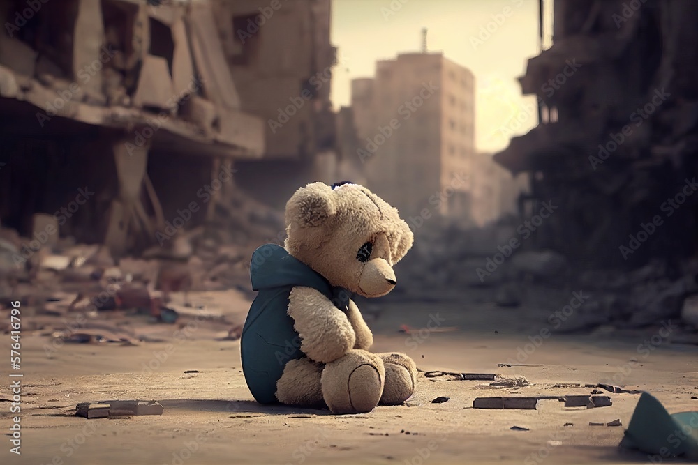 Teddy bear sitting on the ground after the demolition of a building ...