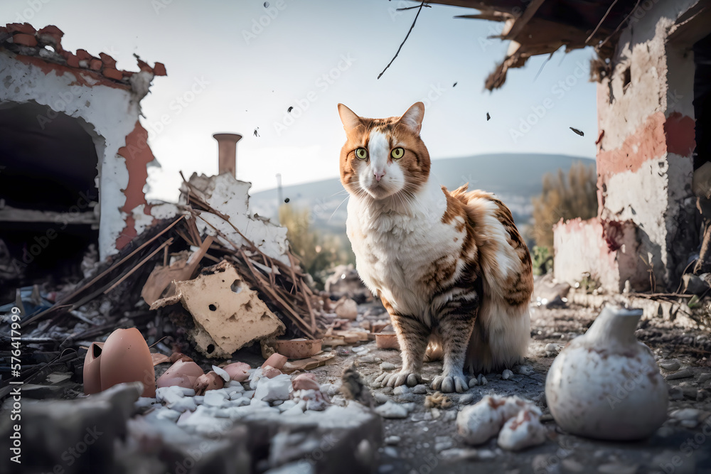 Alone Pet cat after Earthquake in Turkey background rubble of house ...