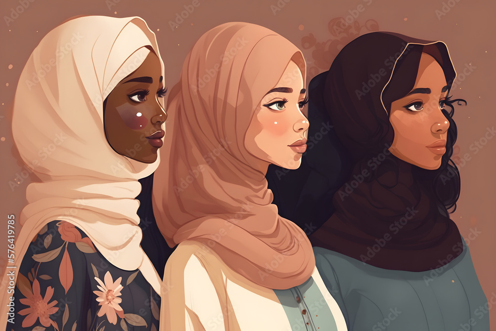 Three muslim women in hijab of different nationalities standing ...
