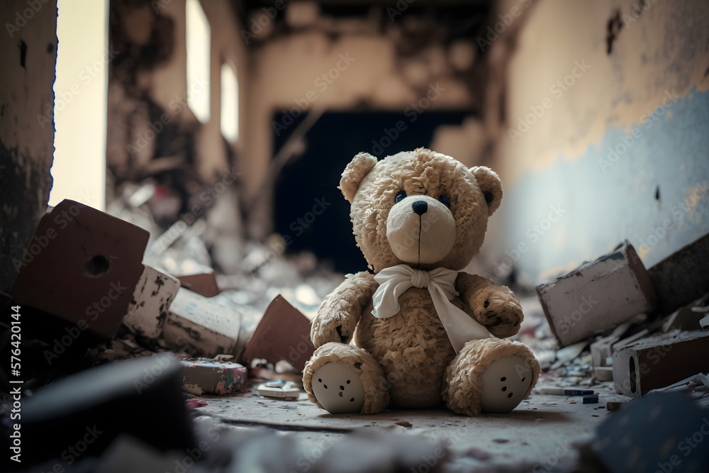 Alone Teddy bear on ruins of house after war bomb and accident rubble ...