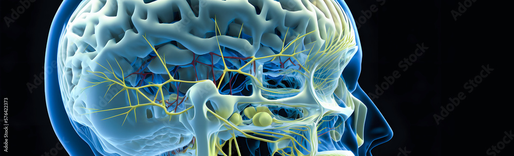 Human anatomy central nervous system, head with brain, blue color ...
