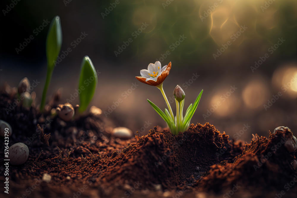 A beautiful macro shot of a small plant growing and flourishing from ...
