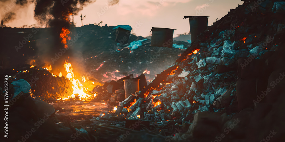 Burning garbage heap with toxic smoke. Banner Waste dump with fire ...