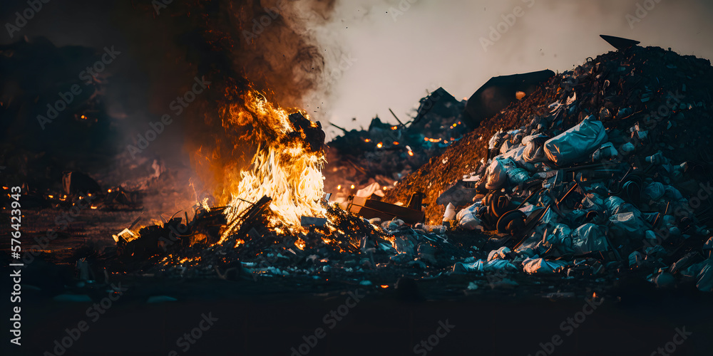 Banner Waste dump with fire. Burning garbage heap with toxic smoke ...