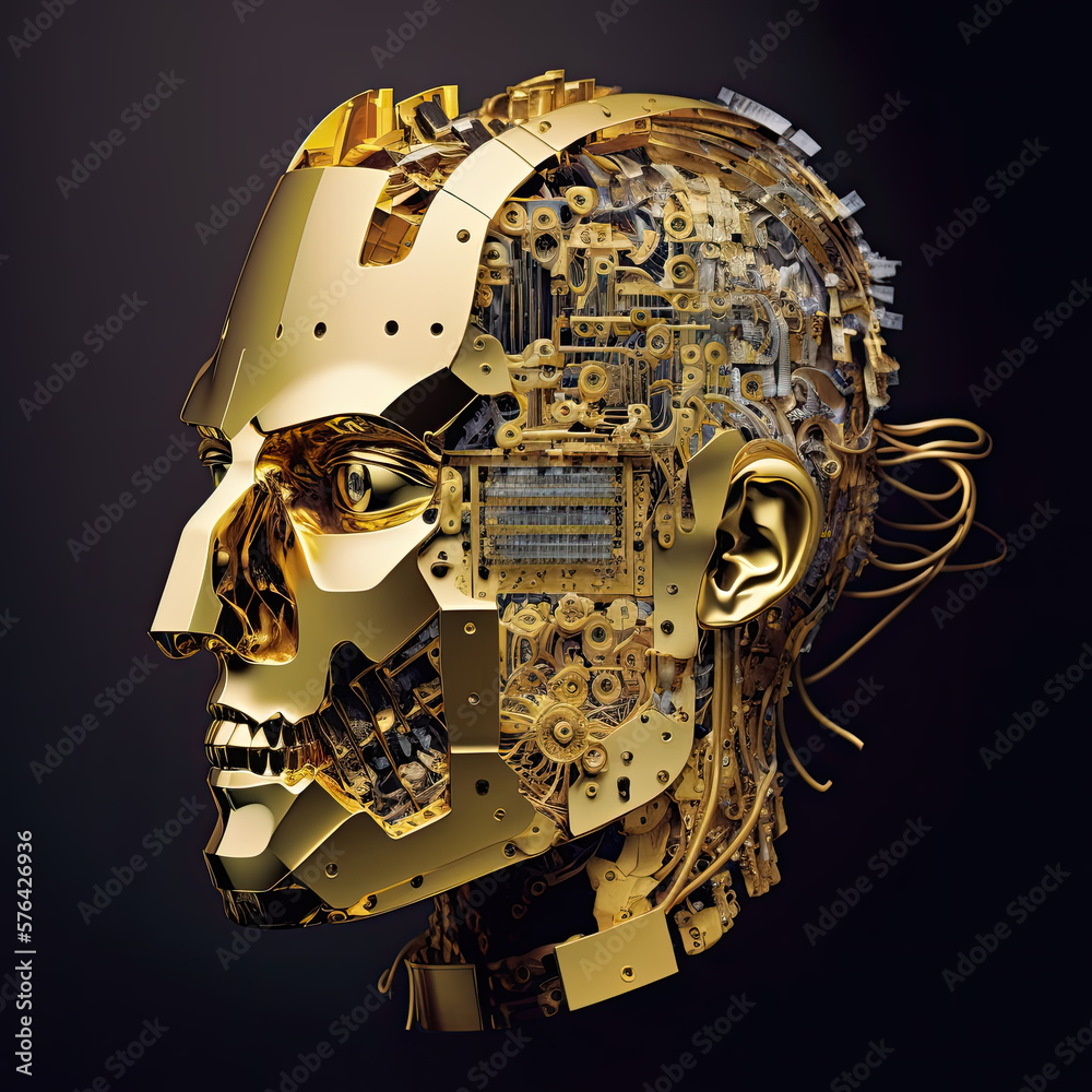 Golden robotic android head cutaway by generative AI Stock Illustration ...