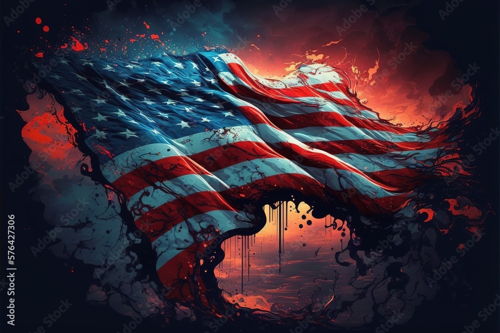 American flag falling apart of fiery dark background Stock Illustration ...