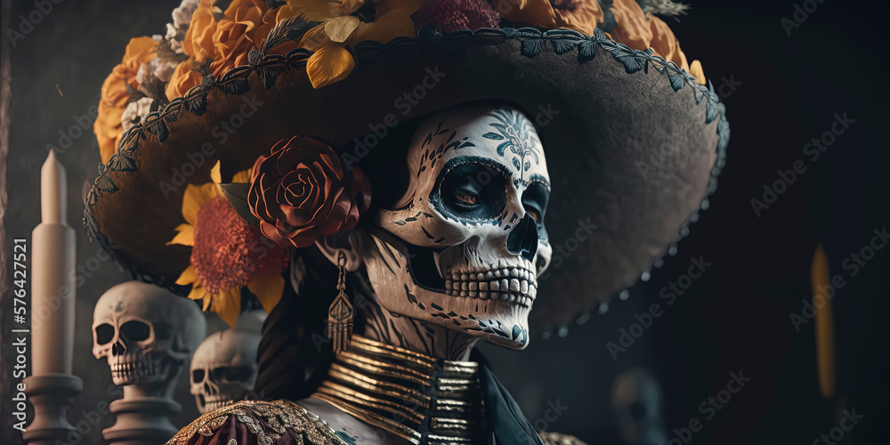 woman with mexican skull day of the dead makeup on her face ...