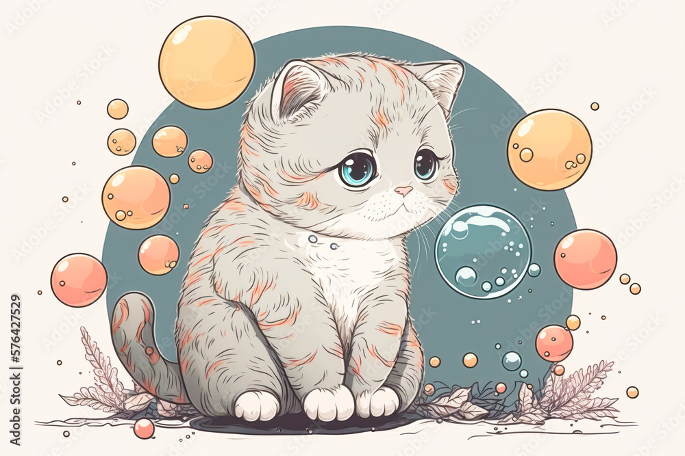 Anime cat play with colorful balls. Cartoon cat background. Cute cat ...