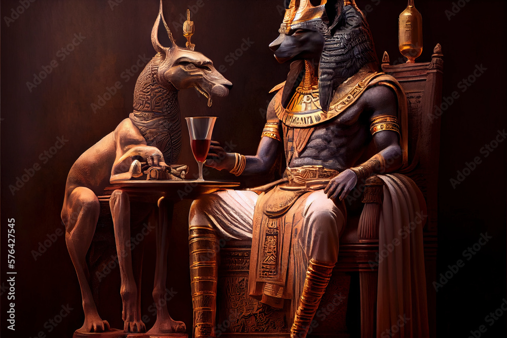 Illustration of Anubis sitting on his throne in Egypt drinking a cup of ...