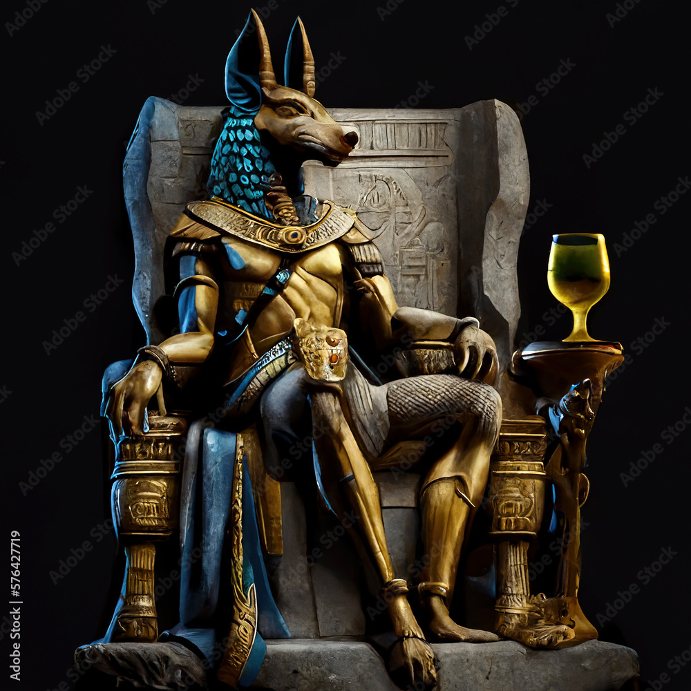 Illustration of Anubis sitting on his throne in Egypt drinking a cup of ...