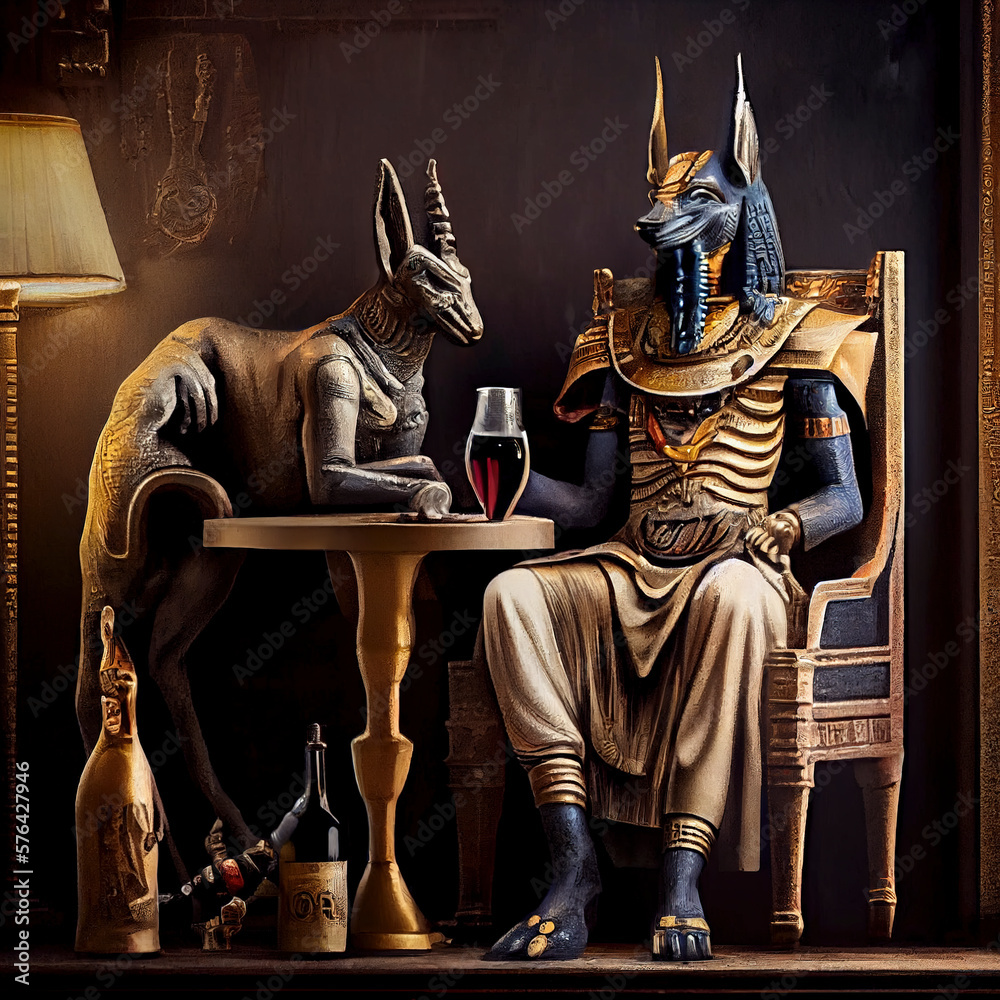 Illustration of Anubis sitting on his throne in Egypt drinking a cup of ...