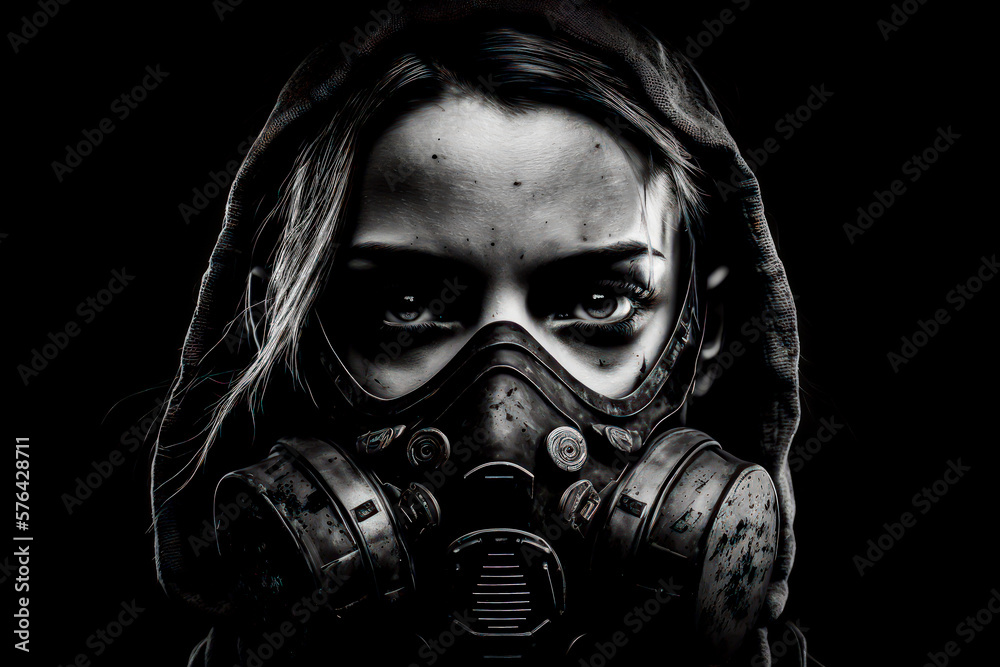 ภาพประกอบสต็อก Young apocalypse survivalist woman in gas mask close up ...